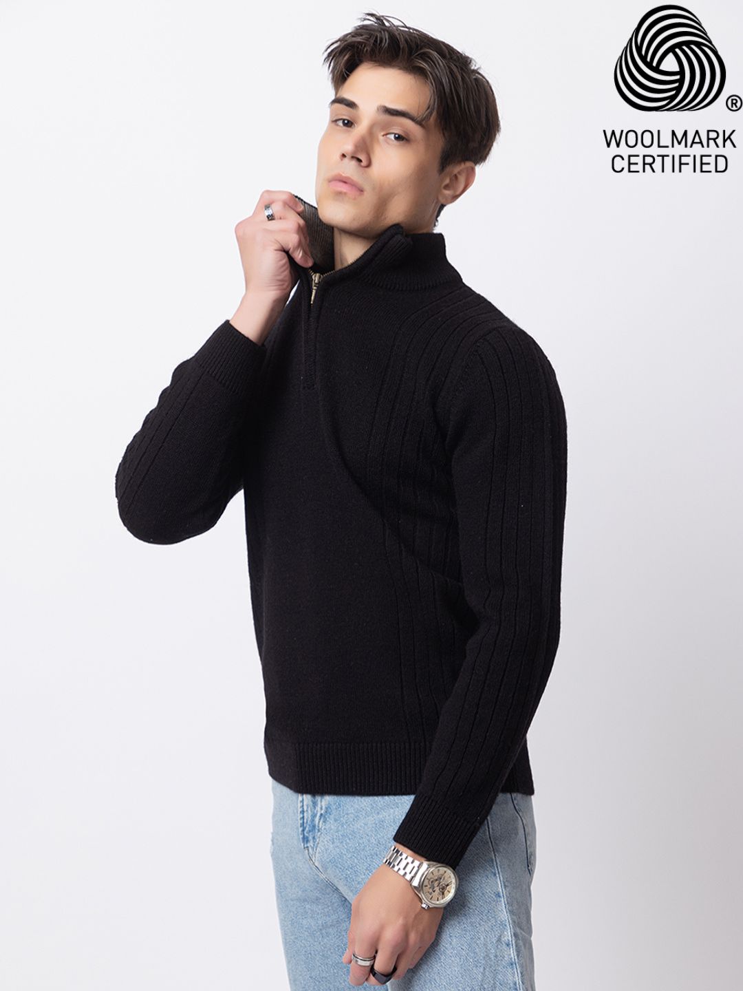 242 Chunky Cable Half Zip Pullover I Wool I Woolmark Certified I Black – ARMISTO